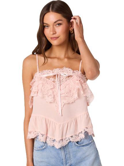 LOVESHACKFANCY LoveShackFancy Elysia Cropped Silk Top with Eyelash Lace Trim